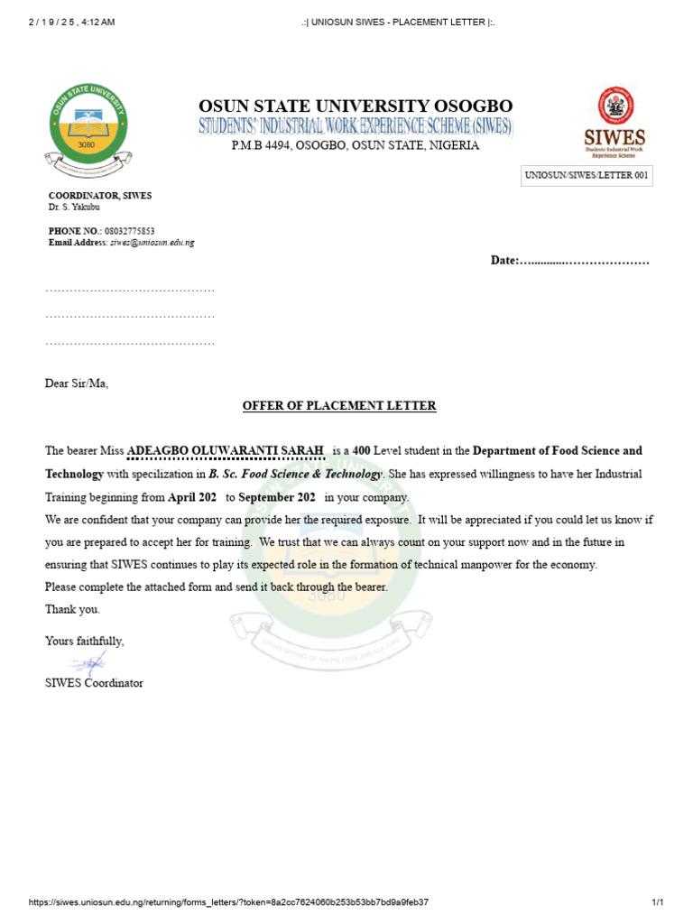 UNIOSUN SIWES - PLACEMENT LETTER - Ranti | PDF