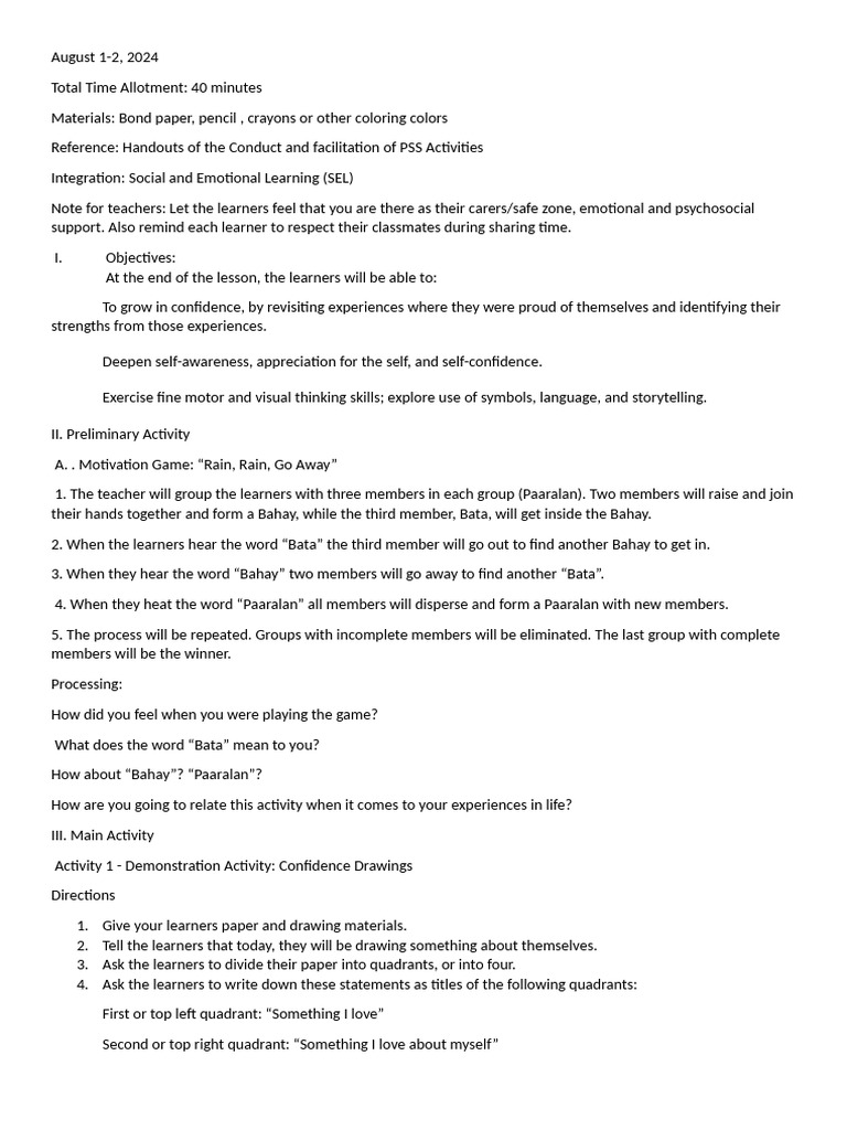 PSS Lesson Plan Activities AUG 1 2 | PDF | Cognition | Psychological Concepts