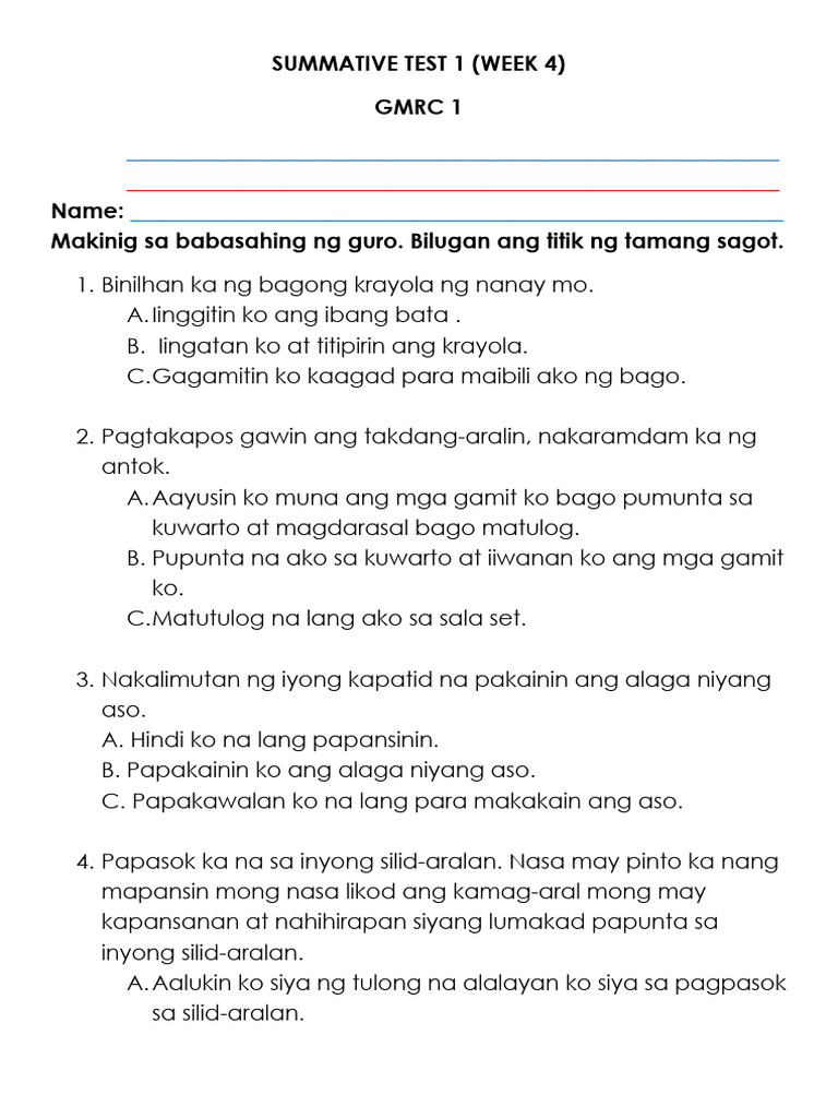 Summative Test 1 (Week 4) GMRC 1 | PDF