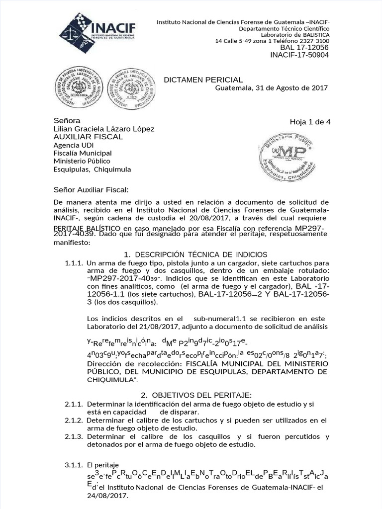Dictamen Pericial de Balística INACIF | PDF | Munición | Calibre