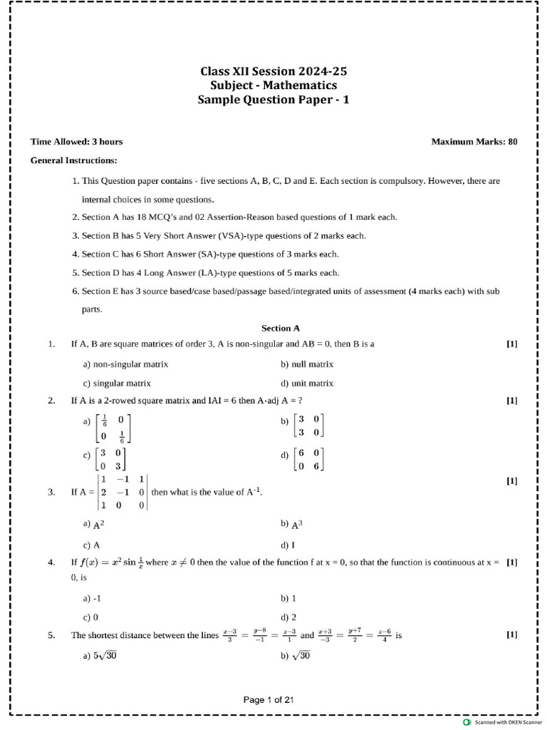 XIIth Maths 24-25 Sample Papers | PDF