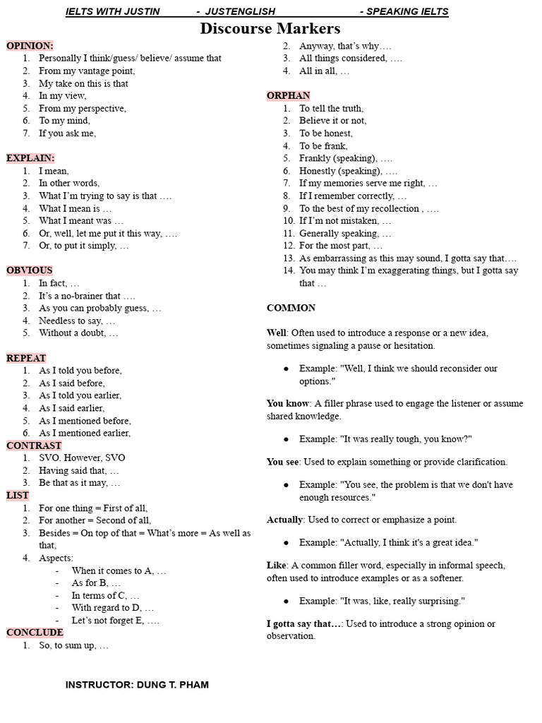 IELTS Speaking Discourse Markers Guide | PDF | Cognitive Science ...