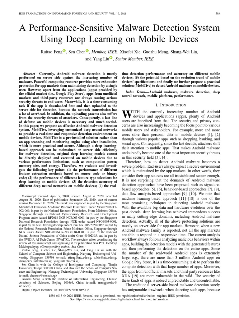 A Performance-Sensitive Malware Detection System Using Deep Learning On Mobile Devices | PDF ...