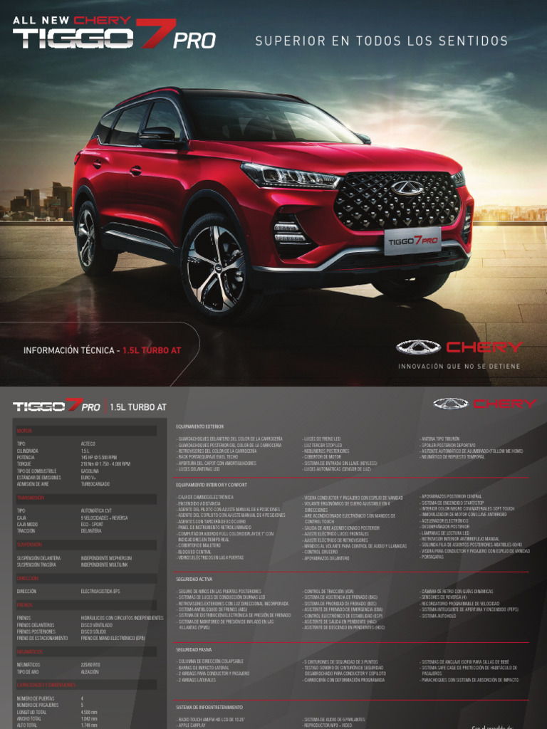 Ficha Técnica Tiggo 7 PRO Mayo | PDF | Sistema de freno antibloqueo | Turbocompresor