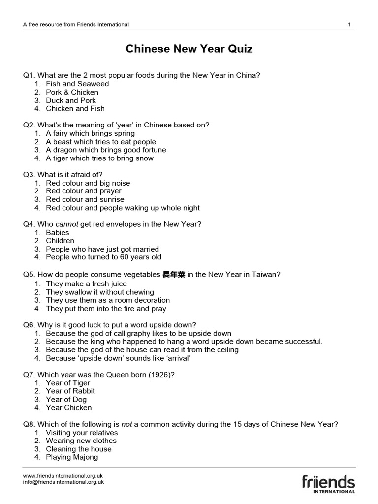 Chinese New Year Quiz Questions & Answers | PDF