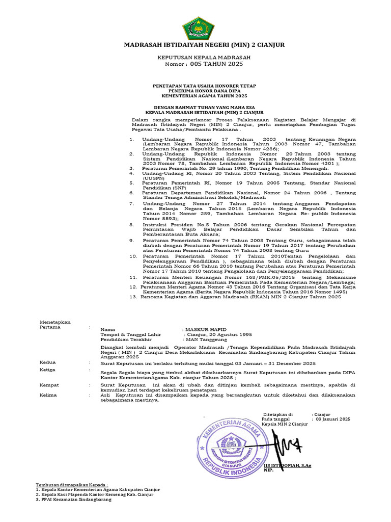 Keputusan Honorer MIN 2 Cianjur | PDF