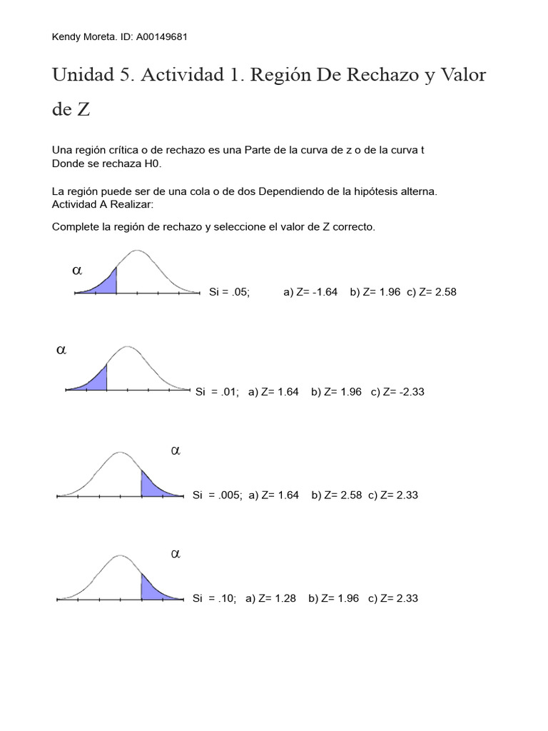 Moreta Kendy. Unidad 5. Actividad 1. Región de Rechazo y Valor de Z | PDF