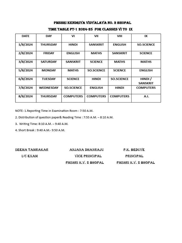 TIME TABLE- PT1 2024 | PDF