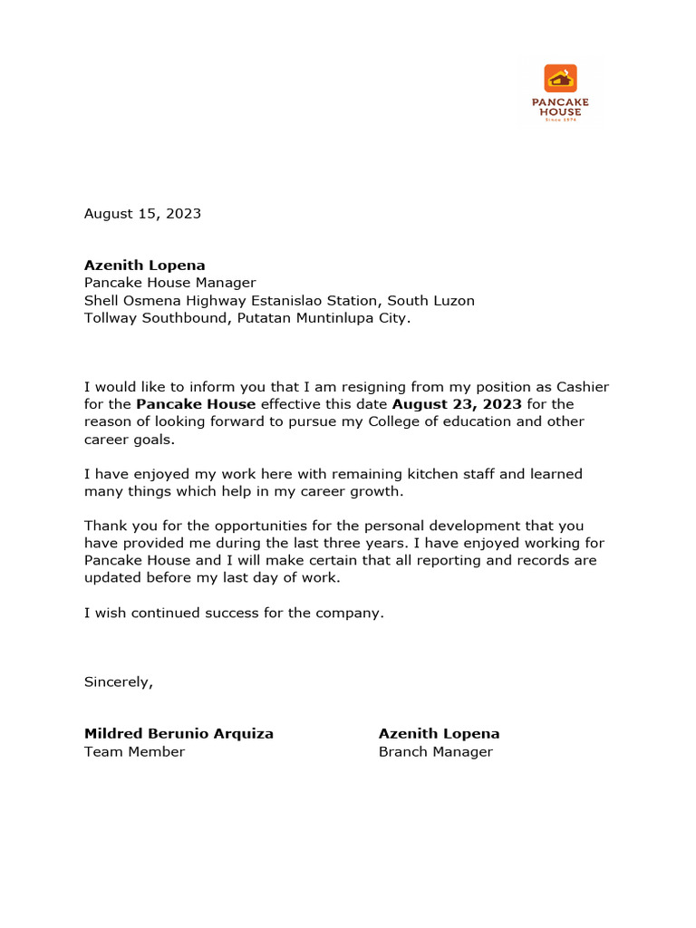 Resignation Letter from Pancake House Cashier | PDF
