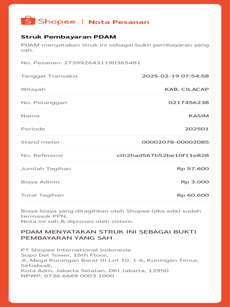 Nota Pesanan: Struk Pembayaran PDAM | PDF