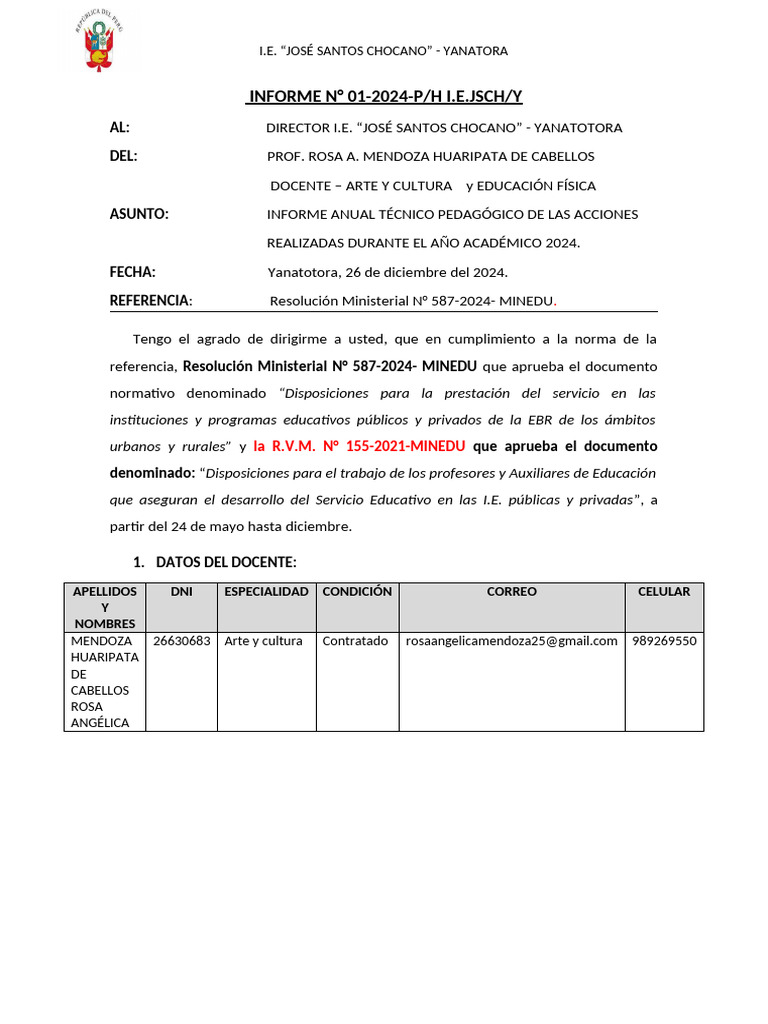 Informe Téc. Pedag. 2024 - Original | PDF | Aprendizaje | Maestros