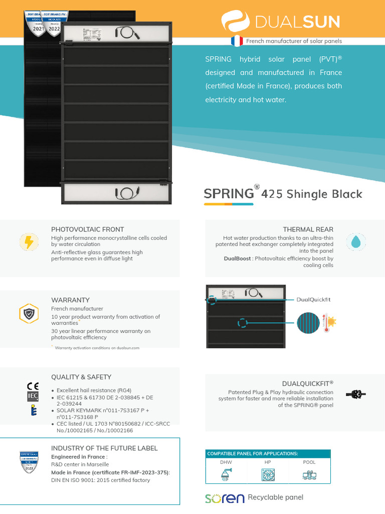 Dualsun en Datasheet Spring 425 Shingle Black | PDF | Photovoltaics | Solar Panel