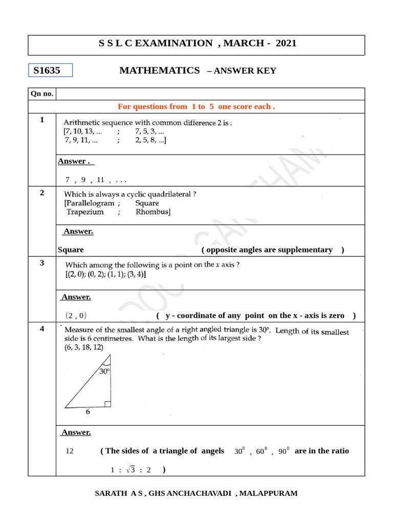 SSLC Mathematics Exam Answer Key 2021 | PDF | Area | Euclidean Plane Geometry