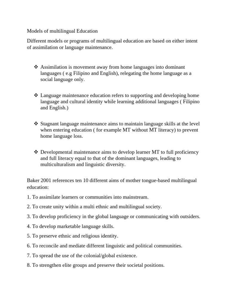 Multilingual Education Models Explained | PDF | Learning | First Language