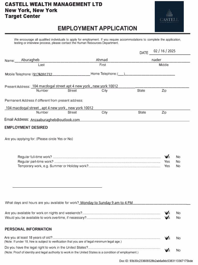 Castell Wealth Management Job Application | PDF | Labor | Business