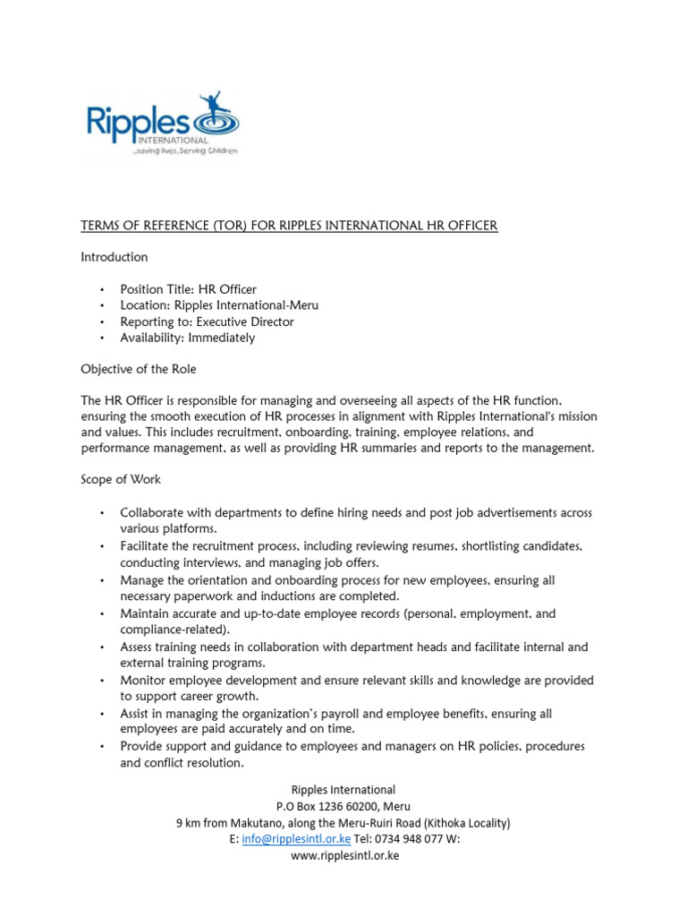 TOR-HRO (1) | PDF | Recruitment | Employment