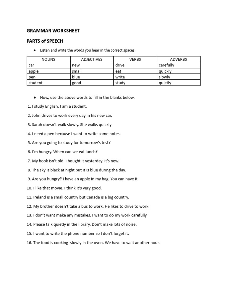 Grammar Worksheet: Parts of Speech | PDF