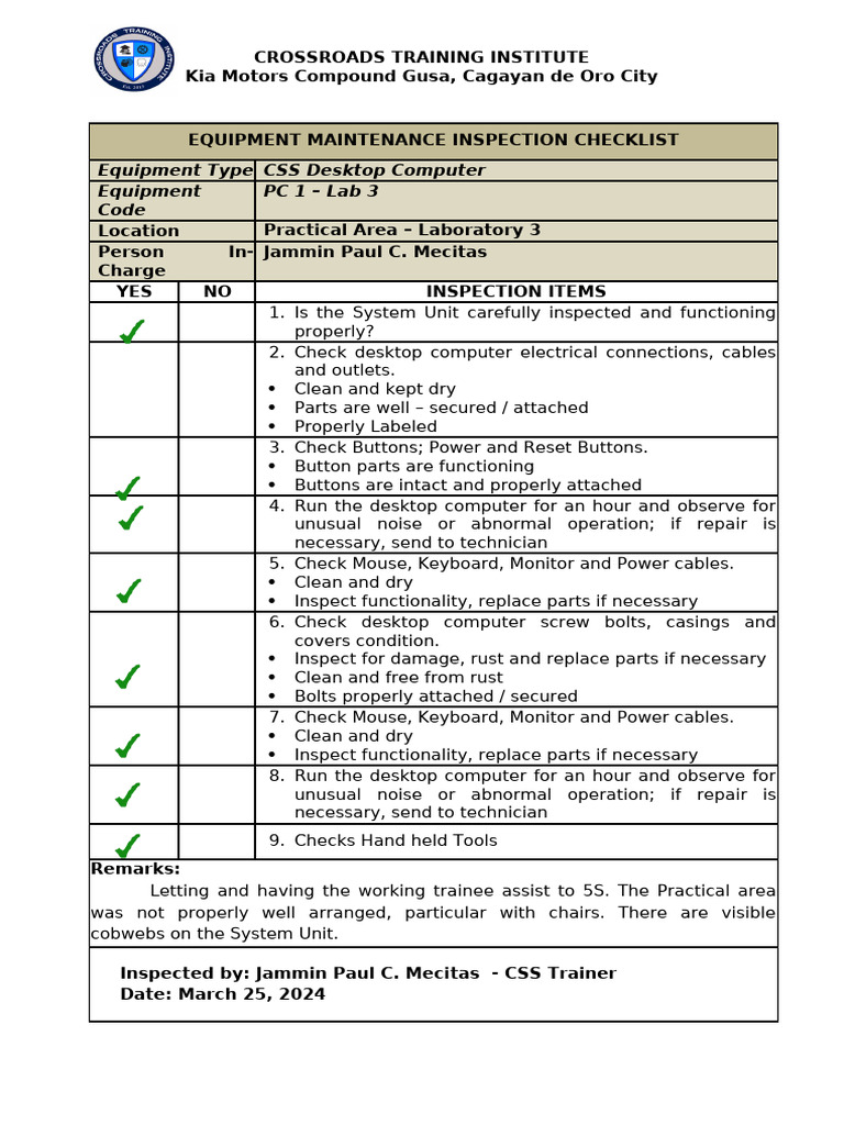 Equipment Maintenance Checklist Pdf