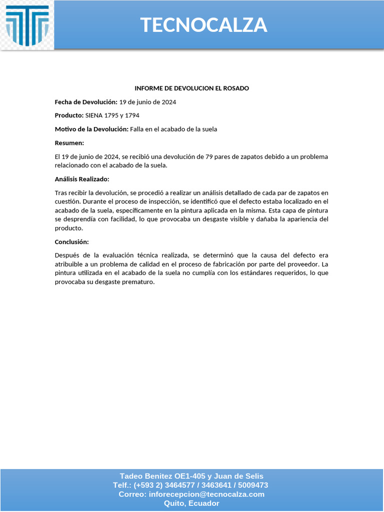 Informe de Devolucion El Rosado | PDF