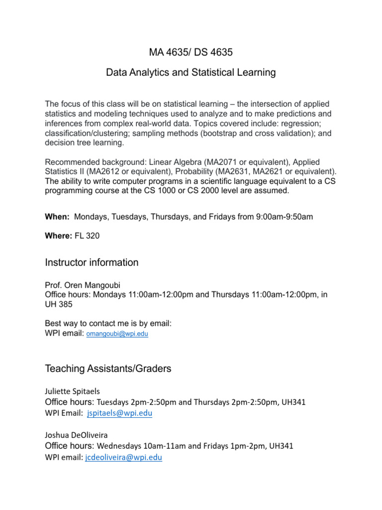 MA 4635 Syllabus - 2023 - v3-1 | PDF | Statistics | Regression Analysis