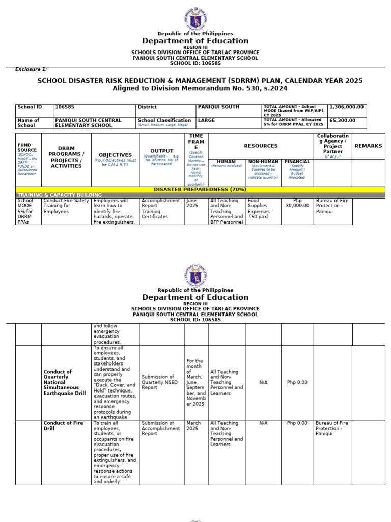Enclosure 1 School DRRM Plan For Calendar Year 2025 Sample PPAs | PDF ...