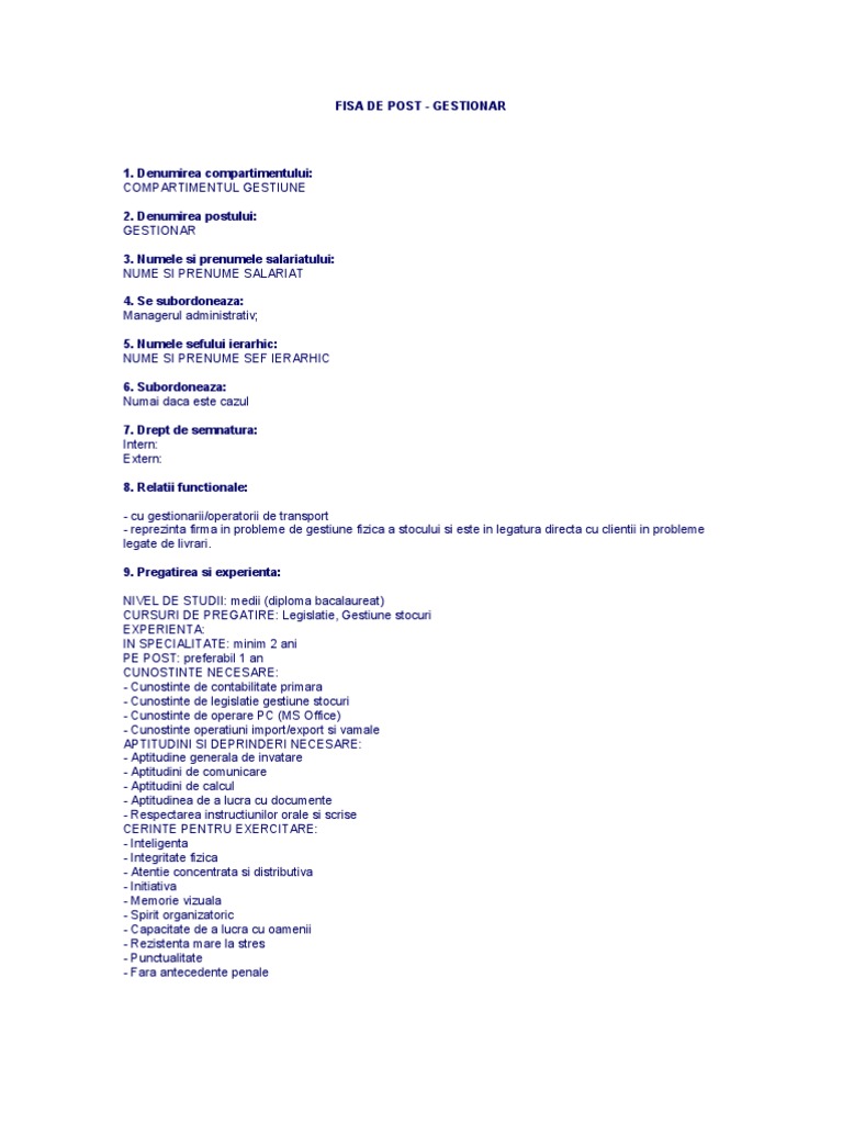 Fisa de Post Gestionar | PDF