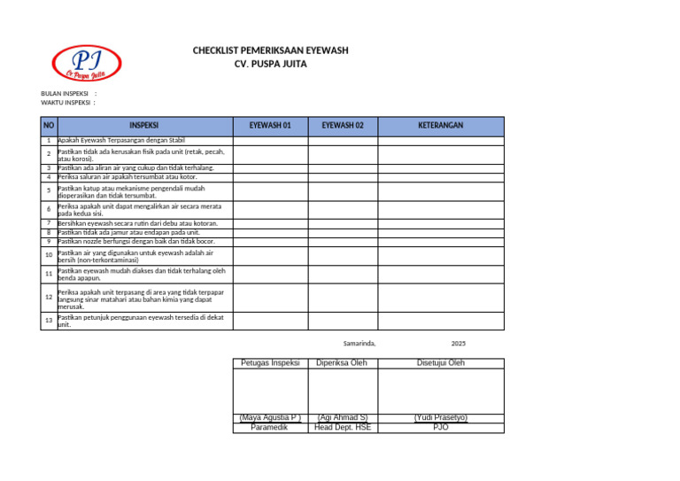 Checklist Inspeksi Eyewash | PDF