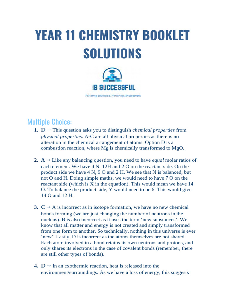 Year 11 Chemistry Booklet Solutions | PDF | Chemistry | Atoms