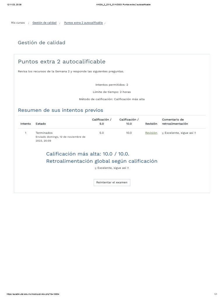 Puntos extra 2 autocalificable gestion de calidad | PDF