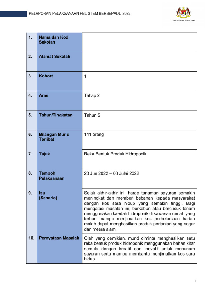 Pelaporan PBL Stem Bersepadu SK ABC | PDF
