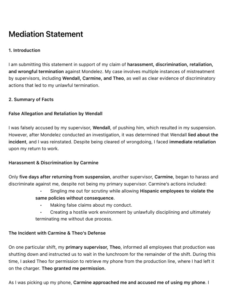 Mediation Statement: Harassment & Termination Claims | PDF | Harassment ...