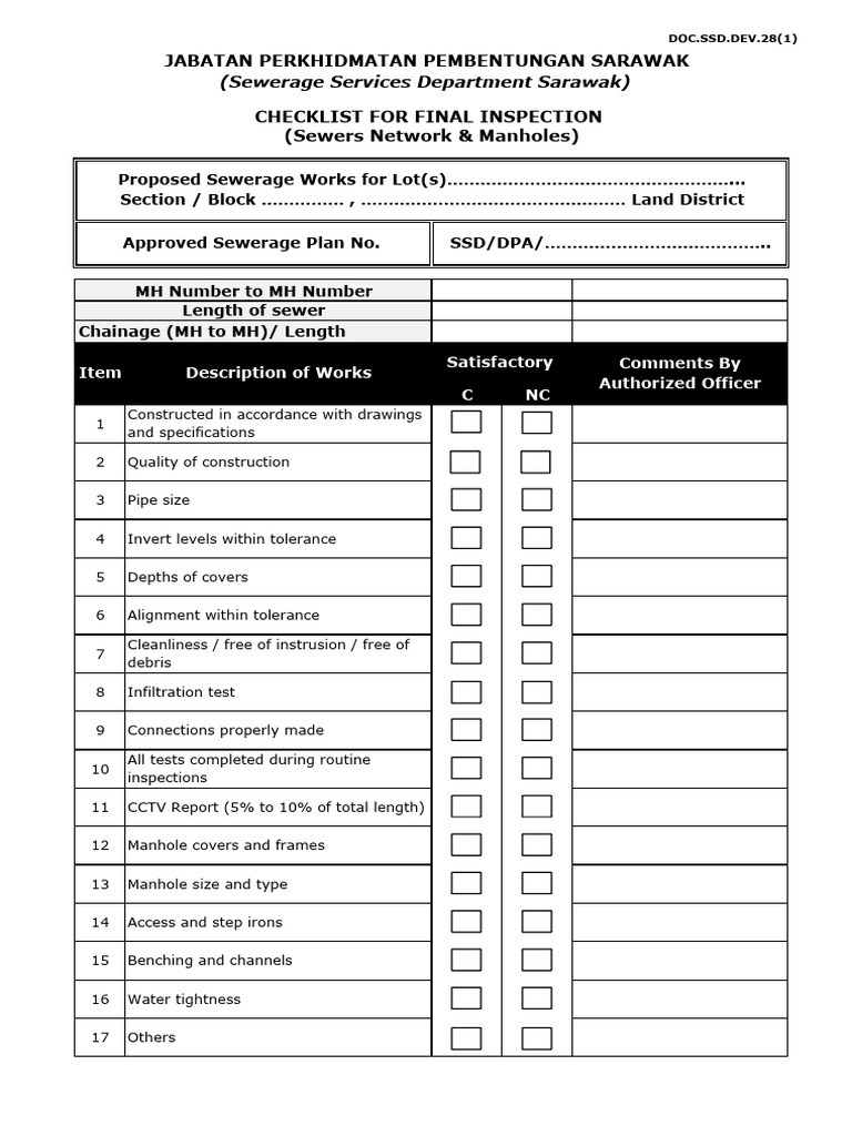 SSD.DEV.281 Checklist For Final Inspection | PDF | Sanitary Sewer ...
