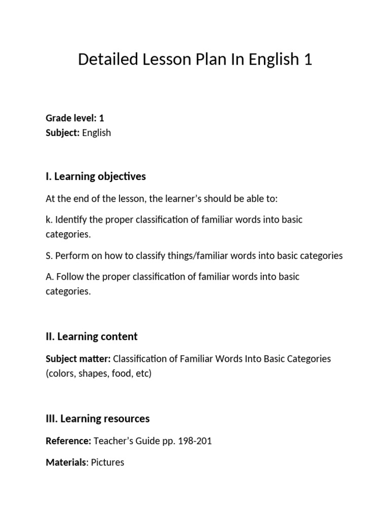 Classifying Words Lesson Plan | PDF | Lesson Plan | Learning