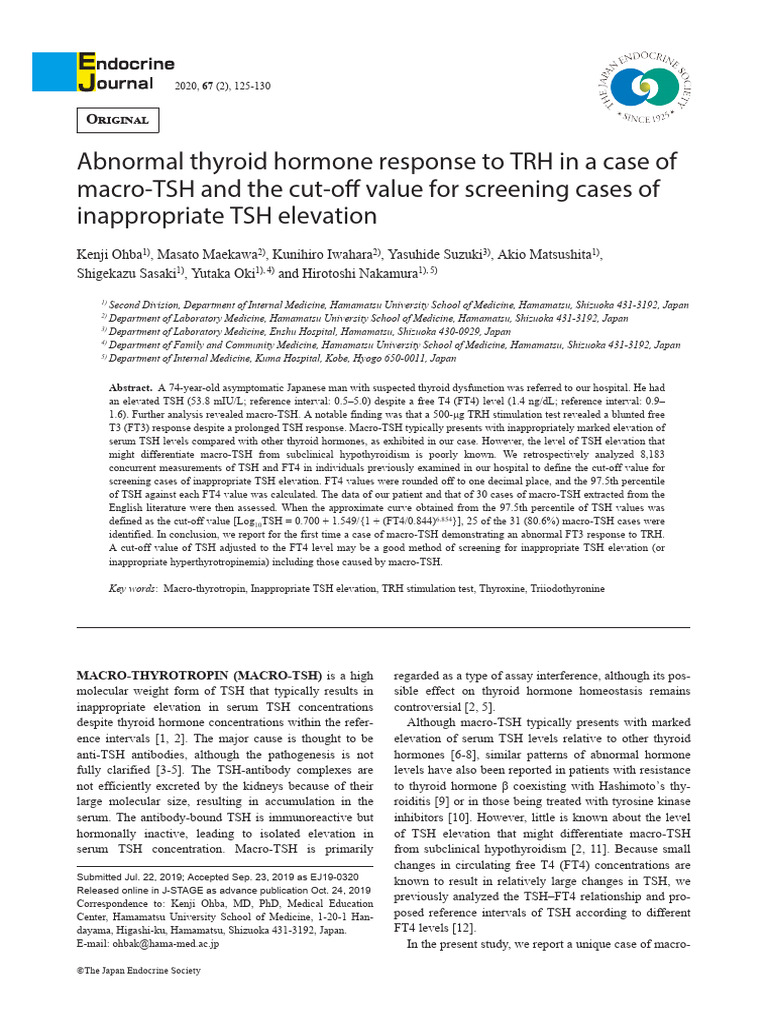 2020 Abnormal thyroid hormone response to TRH in a case of macro-TSH and the cut-off value for ...