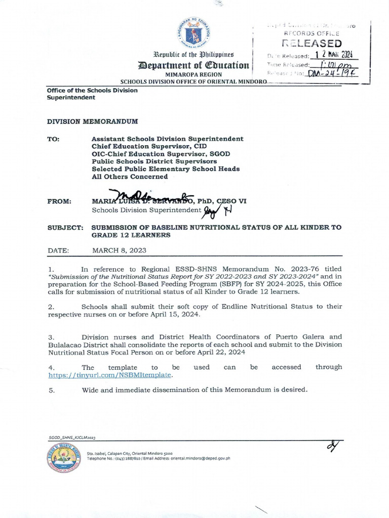 DM - Submission of Baseline Nutritional Status of All Kinder To Grade ...