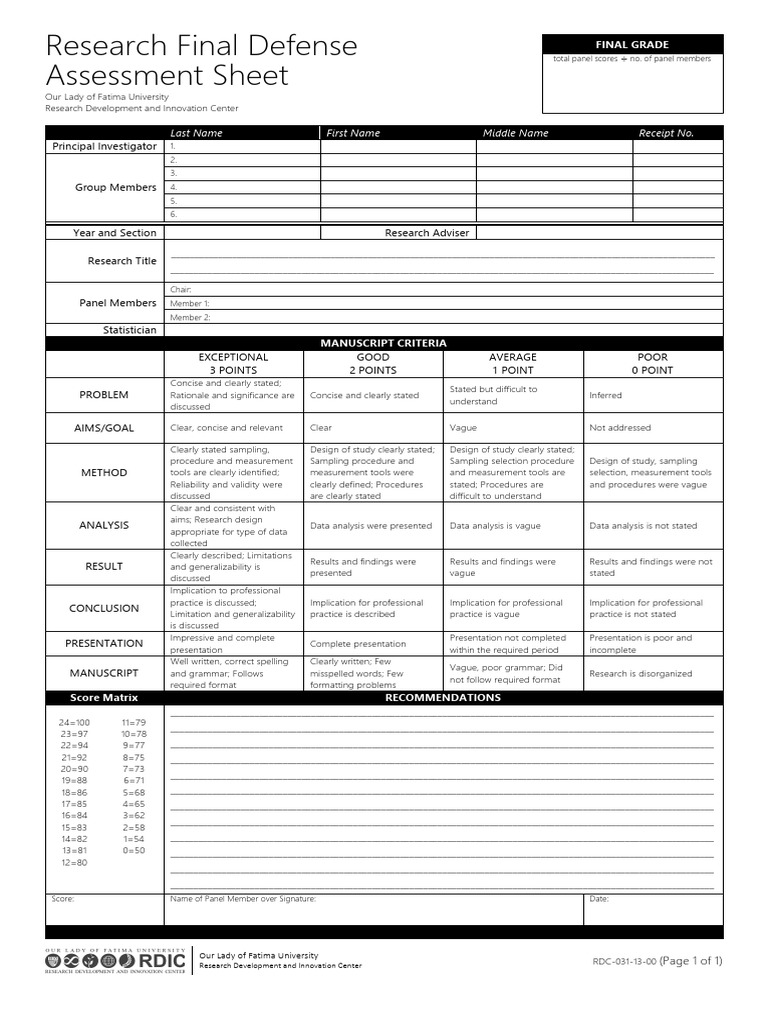DEFENSE Final Assessment Form | PDF | Data Analysis | Sampling (Statistics)