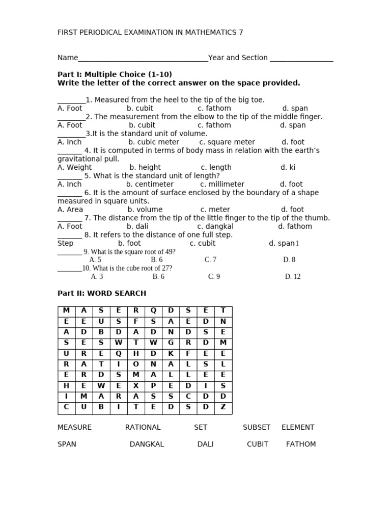 Math 7 Periodical Exam Guide | PDF | Volume | Metre