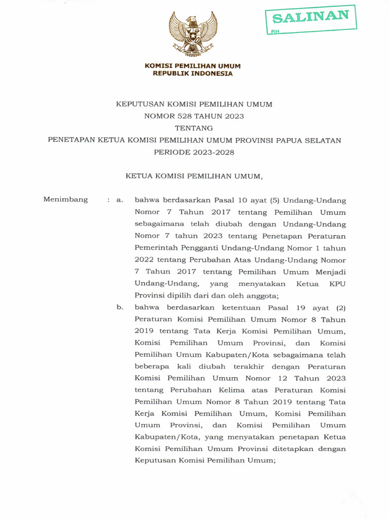 528 - Salinan Petikan Keputusan KPU Nomor 528 Tahun 2023 TTG Penetapan ...