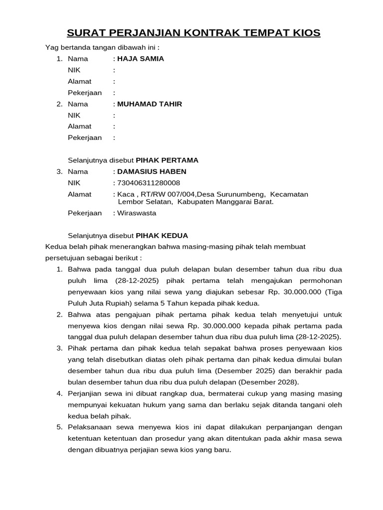 Surat Perjanjian Kontrak Tempat Kios | PDF