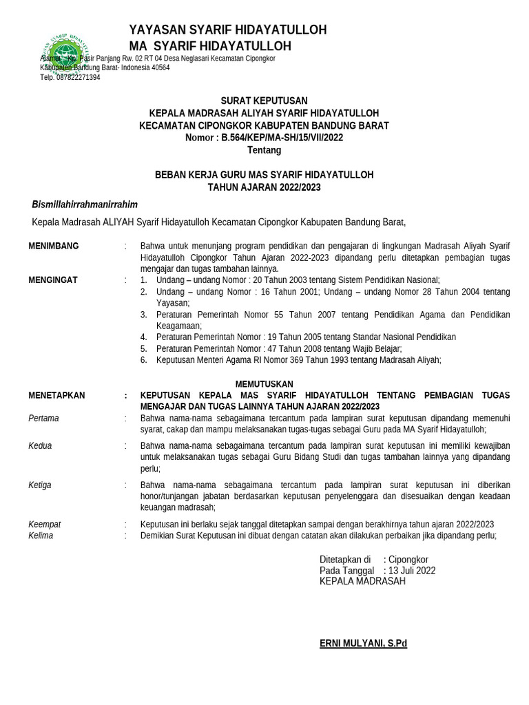 SK BEBAN KERJA GURU Dan LAMPIRANNYA 2022-2023 | PDF