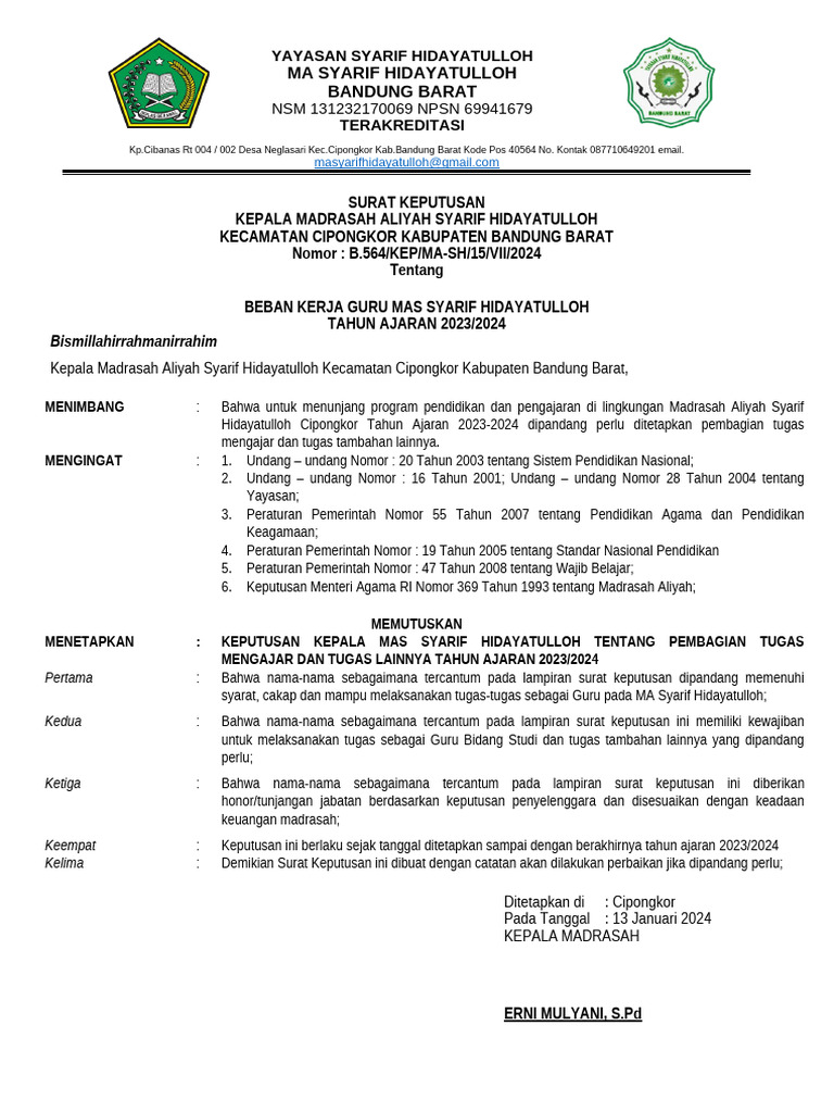 SK BEBAN KERJA GURU Dan LAMPIRANNYA 2023-2024 | PDF