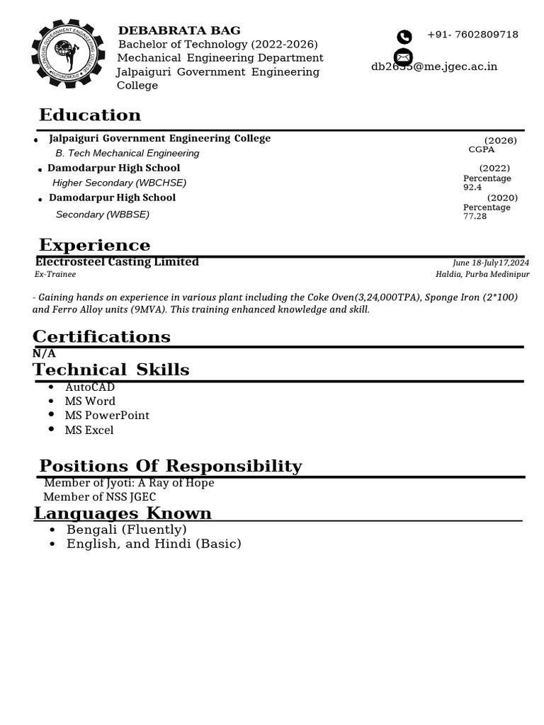 Mechanical Engineering Student Profile | PDF