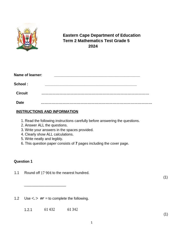 Grade 5 Term 2 Math Test 2024 | PDF | Mathematics