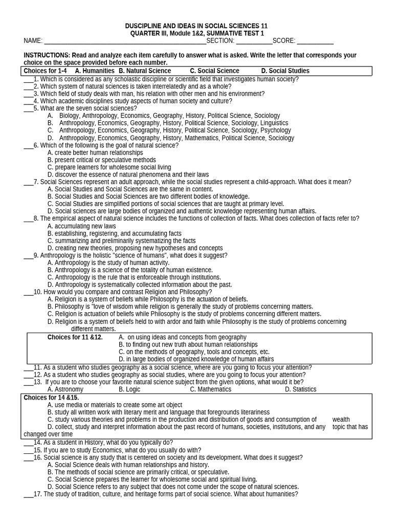 Social Sciences Summative Test Module 1&2 | PDF | Social Sciences | Science