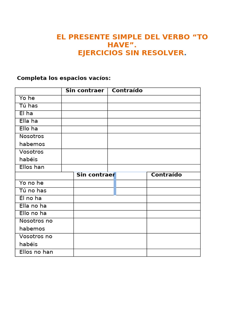 Clase 7.1 - Ejercicios Sin Resolver. El Presente Simple Del Verbo TO HAVE. | PDF