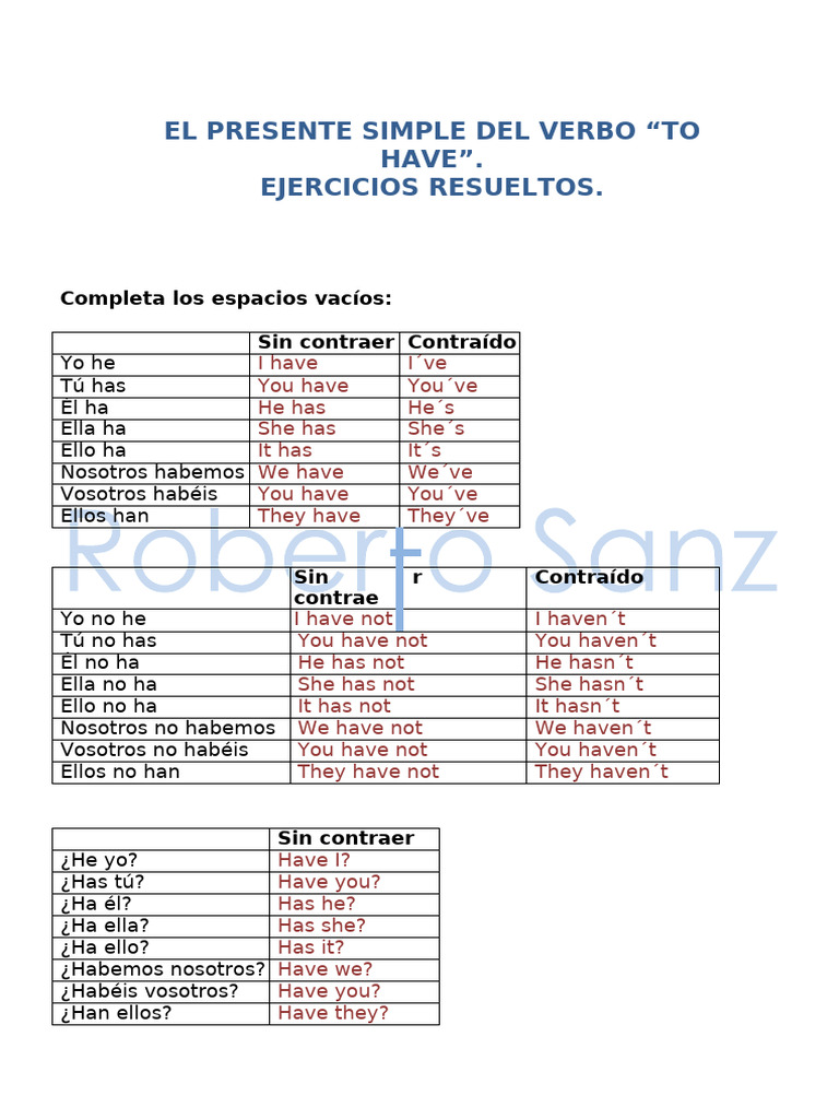 Clase 7.2. Ejercicios Resueltos. El Presente Simple Del Verbo TO HAVE | PDF
