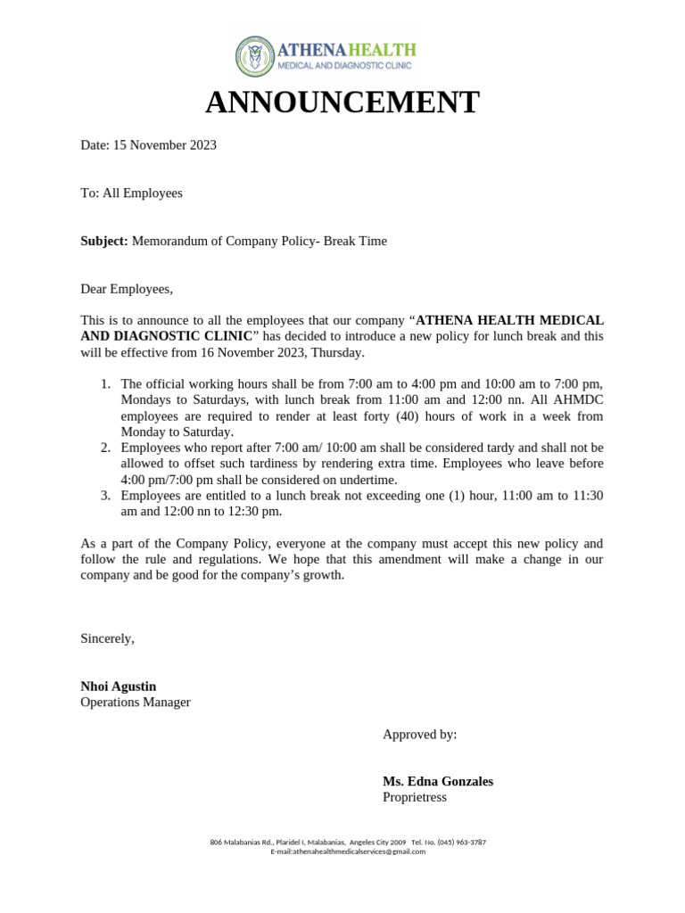 Announcement-Lunch Break | PDF | Business Ethics | Working Conditions