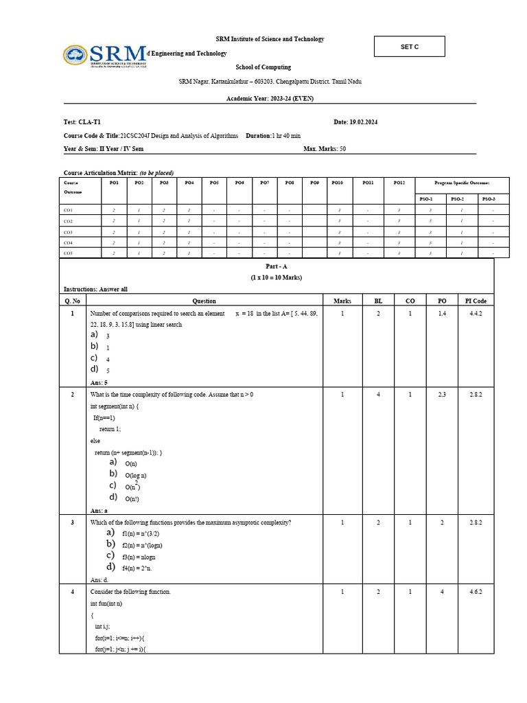 Daa ct1 Set C Answer Key | PDF | Time Complexity | Mathematical Analysis