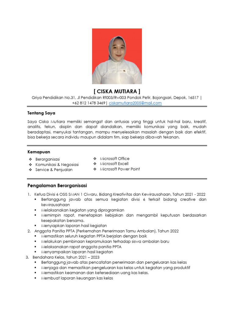 Lamaran Kerja Ciska Mutiara 2024 | PDF
