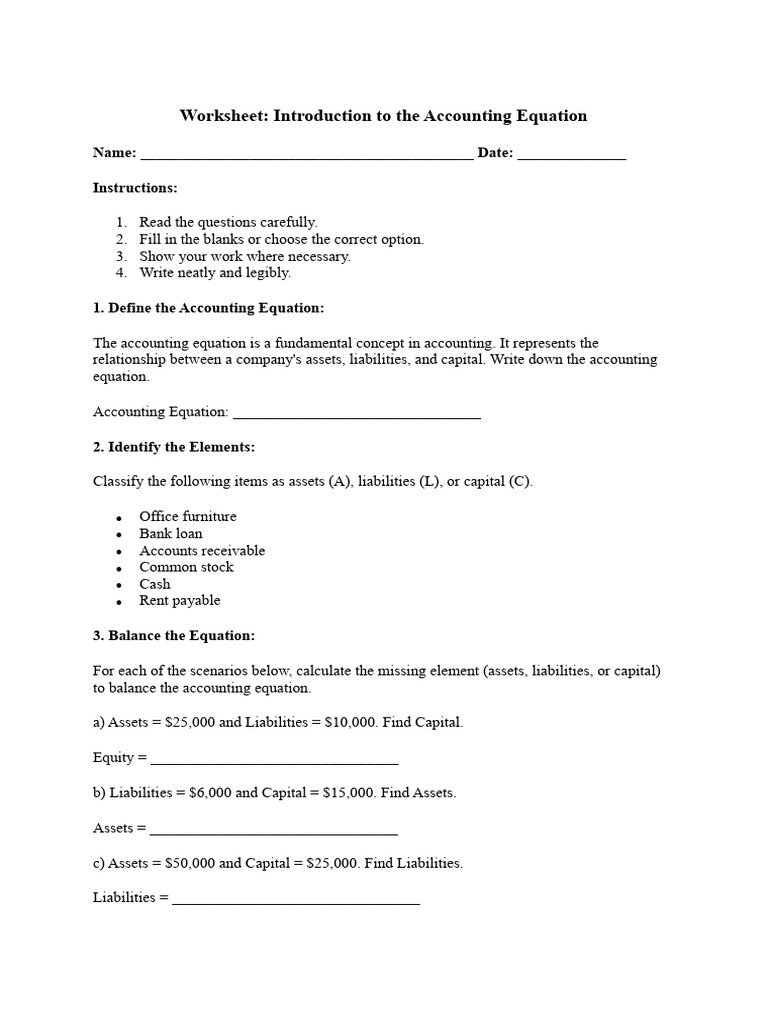 Accounting Equation Worksheet for Students | PDF | Financial Accounting ...